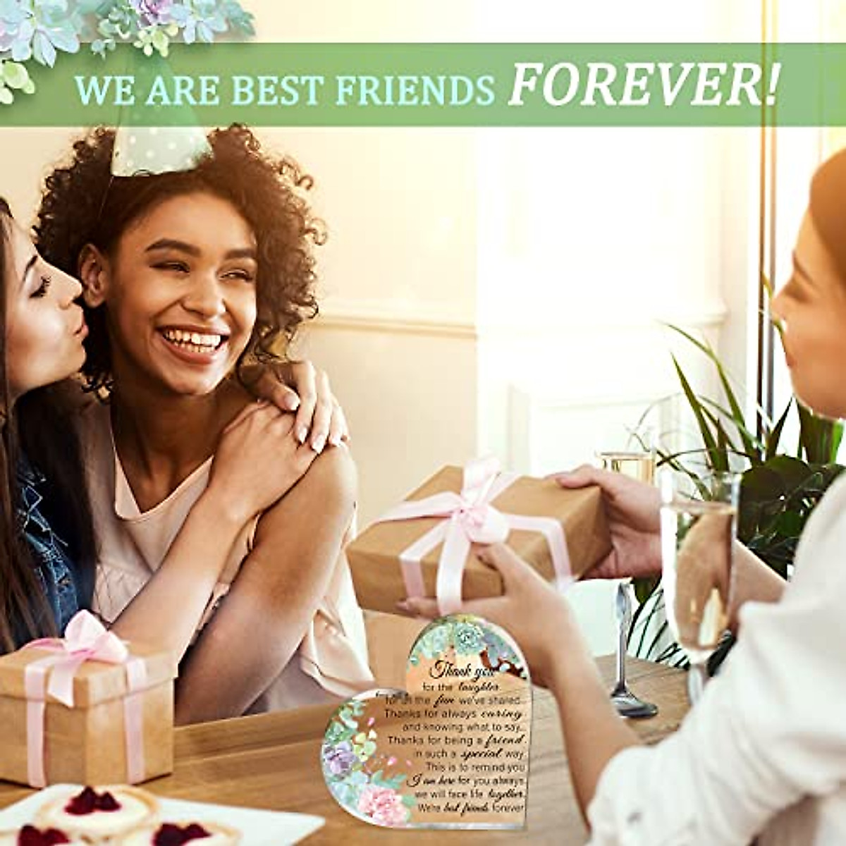 Friendship Gifts for Women Friend Birthday Gifts for Women Friends Thank You Gifts for Friends Acrylic Heart Decorative Signs Plaques for Sister Sunflower Succulent Gift Christmas Decor (Fun)