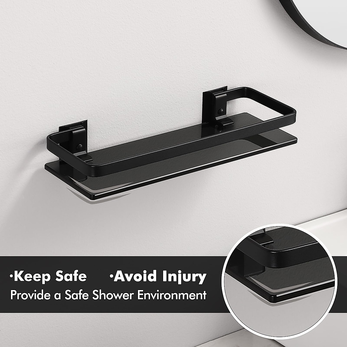 KES Bathroom Glass Shelf Aluminum Black Extra Thick Tempered Glass Rectangular 1 Tier Basket Wall Mounted, 2 Pack, A4126A-BK-P2