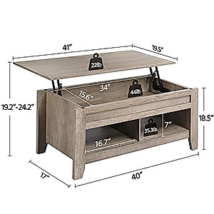 Yaheetech Lift Top Coffee Table, Coffee Table with Hidden Storage Compartment & Lower Shelf, 41in Center Table for Living Room, Office, Grey
