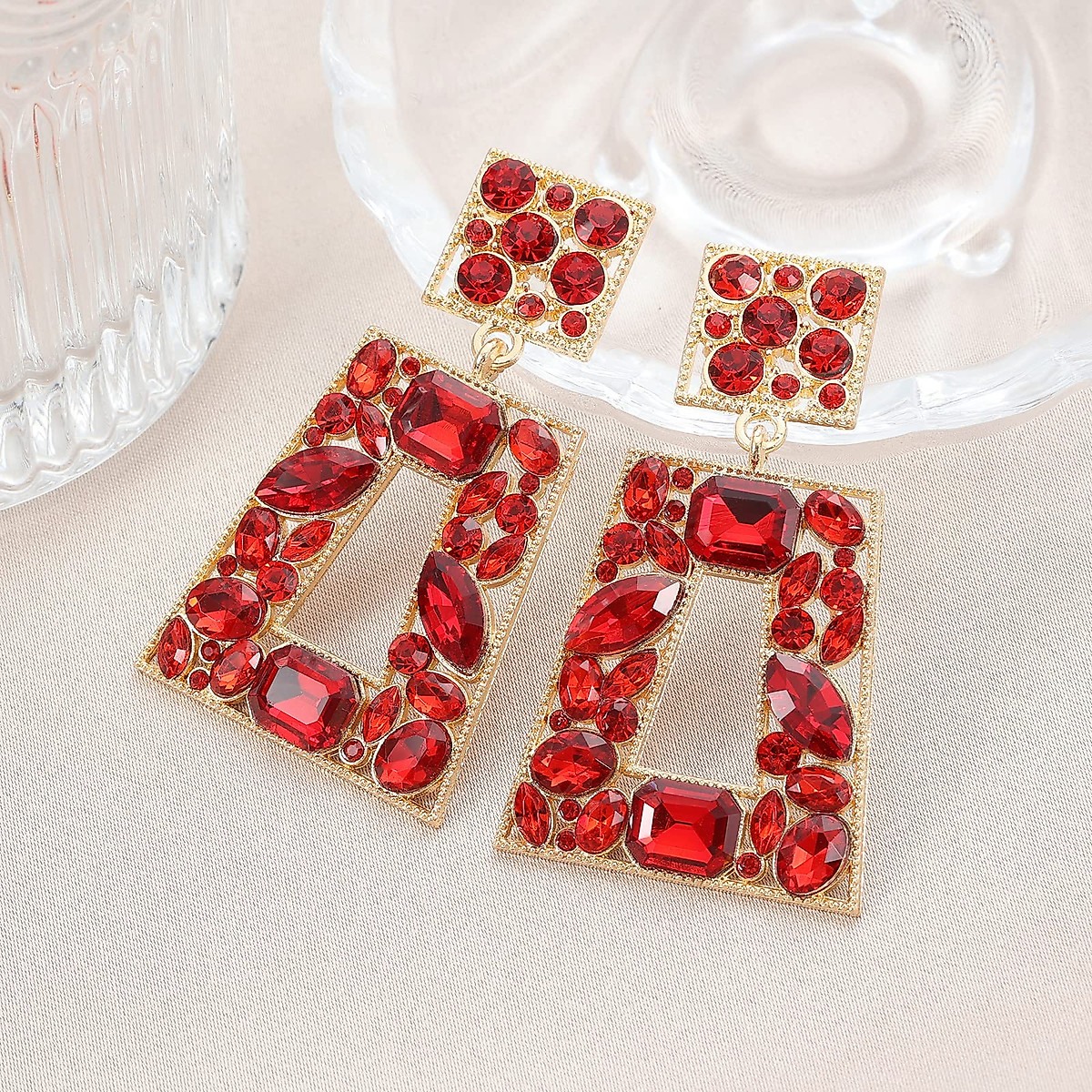 VANGETIMI Red Rhinestone Rectangle Dangle Earrings Colorful Crystal Geometric Drop Statement Earrings for Women