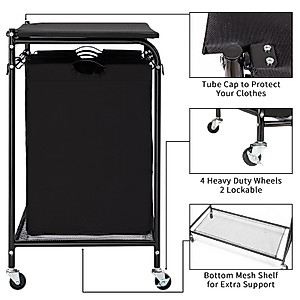 HollyHOME Rectangular Laundry Sorter with Folding Ironing Board, 3-Section Laundry Basket Sorter with Lockable Wheels for Laundry Bedroom Bathroom Living Room Black