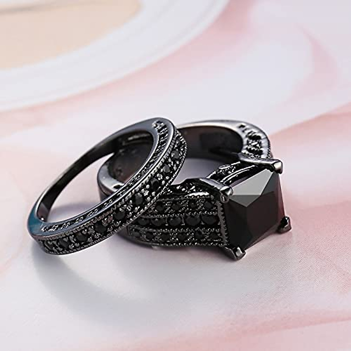 Kasmom 14K SS925 Ring Of Pure Obsidian Stone And Sapphire Gemstone Garnet Jewelry Ring Set For Women Men (Black, Sz 6)