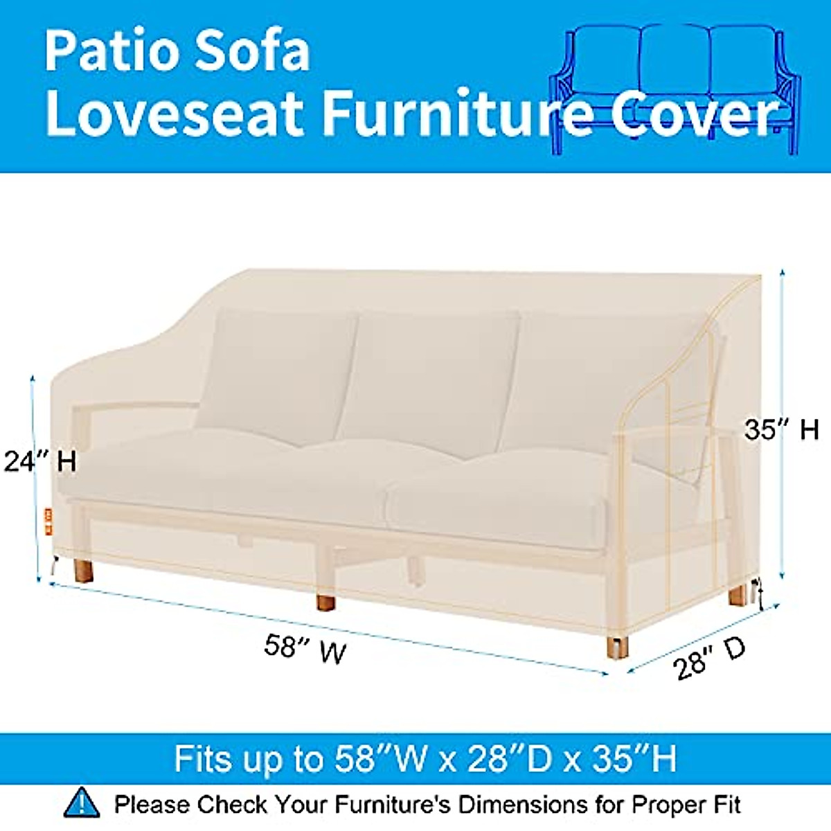 ZEJUN Outdoor Furniture Covers Waterproof, 600D Patio Couch Cover, 58" L x 28" D x 35" H, UV Resistant, Anti-fad, Dustproof Loveseat Sofa Cover for Patio Furniture, Porch loveseat, Lawn Bench Chairs