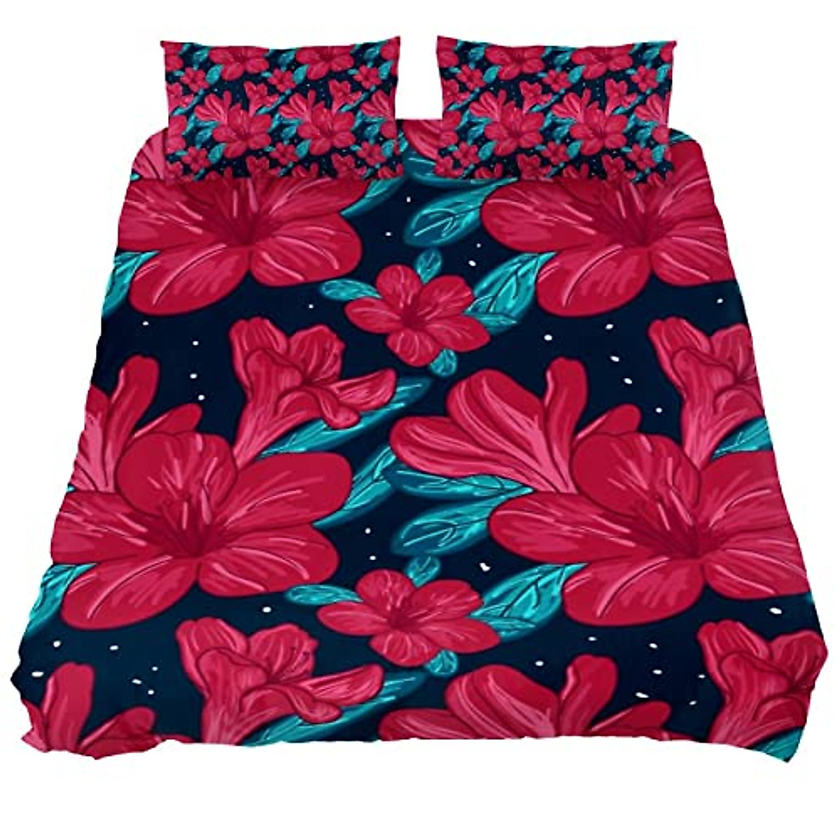 DragonBtu Red Flowers 3 Piece with 2 Pillow Shams Comfortable Print Bedding Set Soft Comforter Cover Set for Women Girl