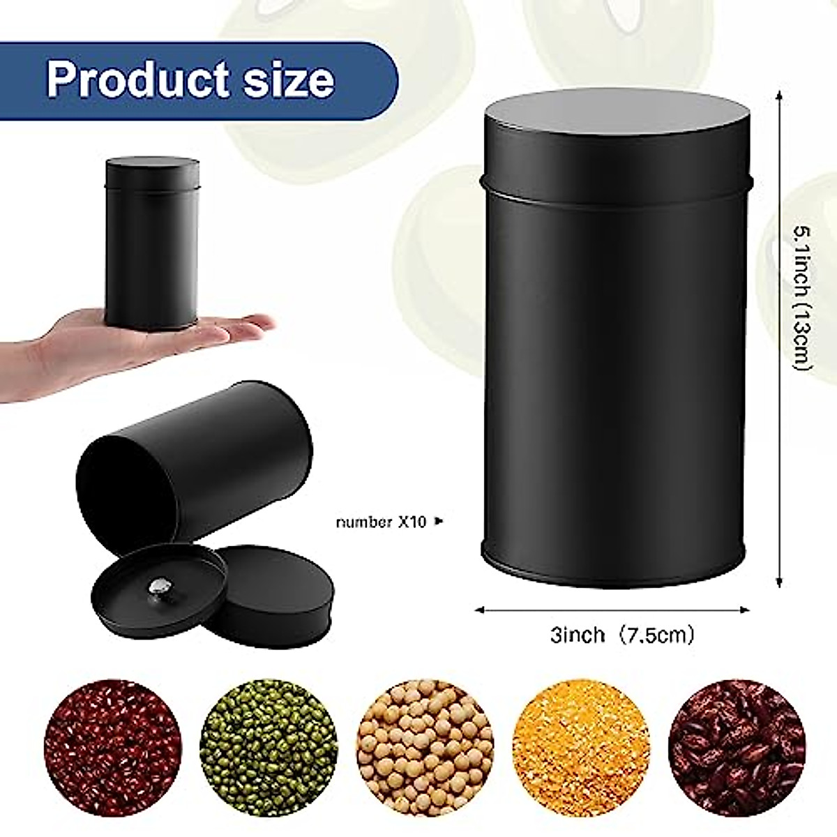 10 packs Tea Tin Canister Tea Tins for Loose Tea Metal Coffee container for ground Coffee Tea Canister 16 oz Round Tin Can with Airtight Double Lids Canister for Kitchen Storage（Black）