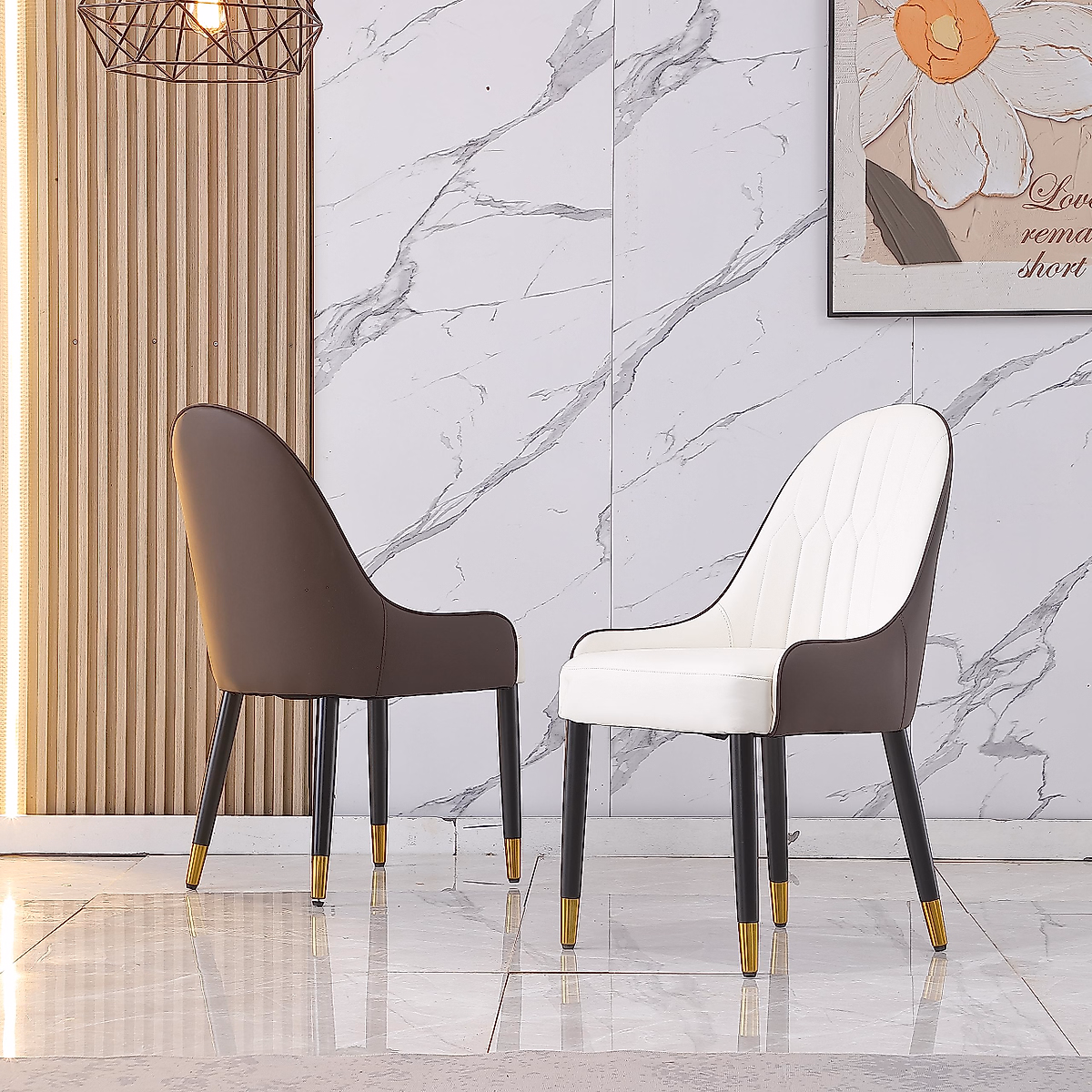 HomSof Dining Chair with PU Leather Solid Wood Metal Legs (Set of 2), 2 Pieces, White+Gold+Brown