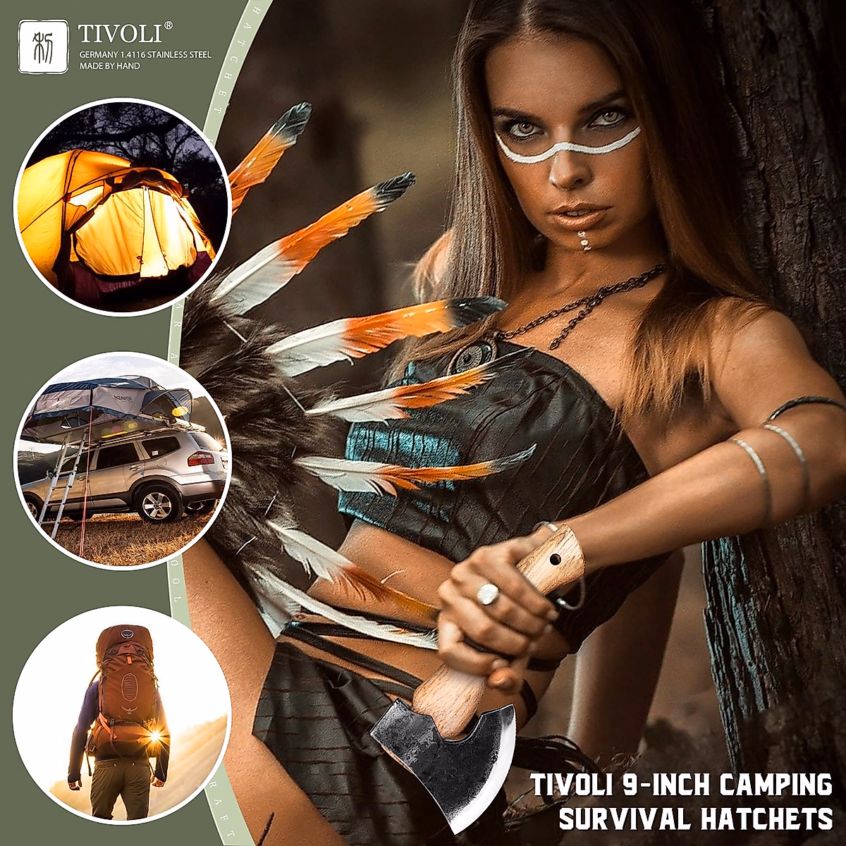 Tivoli 9-inch Small Hatchet Camping Axe, Small Bushcraft Axe for Chopping Wood, Survival Axes and Hatchets, Hand Forged Carbon Steel Carving Axe, Ash Wood Handle, Retro Sheath