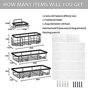 Tivisir Shower Caddy 4-Pack,Bathroom Storage Rack with Hook,Adhesive Shower Organizer ＆Drilling, Shower Organizer with Toothbrush Holder with Soap Rack,Rustproof Stainless Steel Shower Shelf (Black)