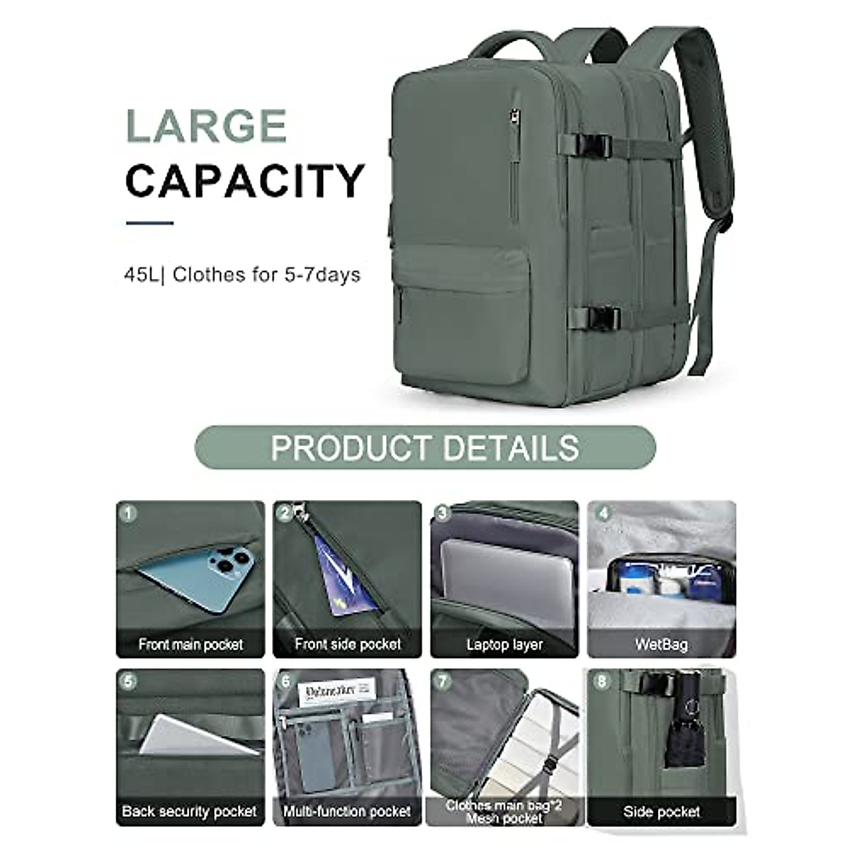 Large Travel Carry on Laptop Backpack for Women Men, Expandable Flight Approved Backpack, Waterproof Sports College bag Casual Daypack for Weekender Business Hiking with Shoe Compartment DarkGreen