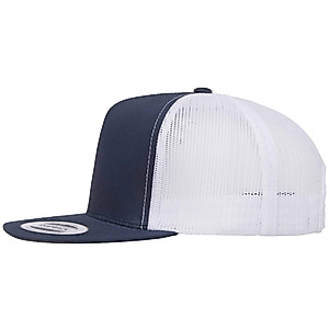 Your Logo Embroidered On Yupoong 6006 Flatbill Trucker Snapback Hat Custom Logo (Navy/White)