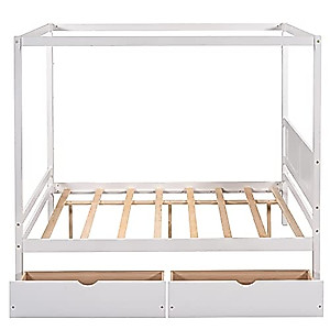 MOEO Full Size Canopy Platform Bed with 2 Drawers, Slat Support Leg, Wood Bedfram w/Guardrail for Kids, Adults, No Spring Box Required, White