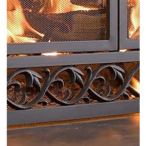 Plow & Hearth Metal Fireplace Screen Scrollwork Black | 44" W x 33" H | 2 Door | Spark Guard Grate | Fire Place Cover | Wood Burning Stove Accessories