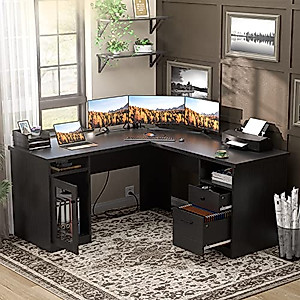 Unikito L Shaped Desk with Drawers, 60 Inch Corner Computer Table with Power Outlet & USB Charging Port, Large Office Desk with File Cabinets, 2 Person Executive Desk with Storage Cabinet, Black