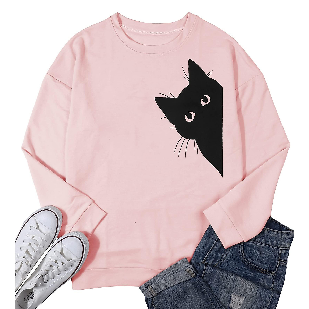 FRYAID Cat Sweatshirt Women Funny Black Cat Graphic Sweater Casual Cat Crewneck Holiday Long Sleeve Hoodie Pullover Top