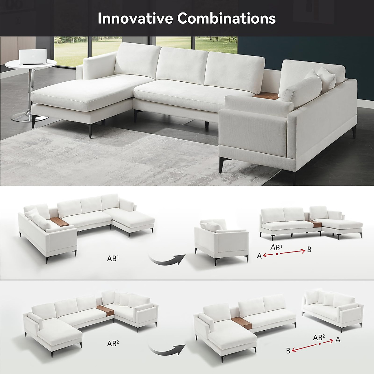 Morden Fort Modern 135" Comfy Cloud Couch U Shaped Large Sectional Sofa and Loveseat Set with Reverisble Chaise 4 Seater Couches L Shape for Living Room, Linen Fabric, Beige