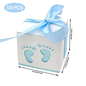 HADEEONG 50pcs Baby Shower Party Favor Boxes, 2.4 x 2.4 inch Small Candy Gift Treat Boxes Footprint Design for Kids Birthday Baby Shower Guests Wedding Party Supplies with Ribbon,Blue