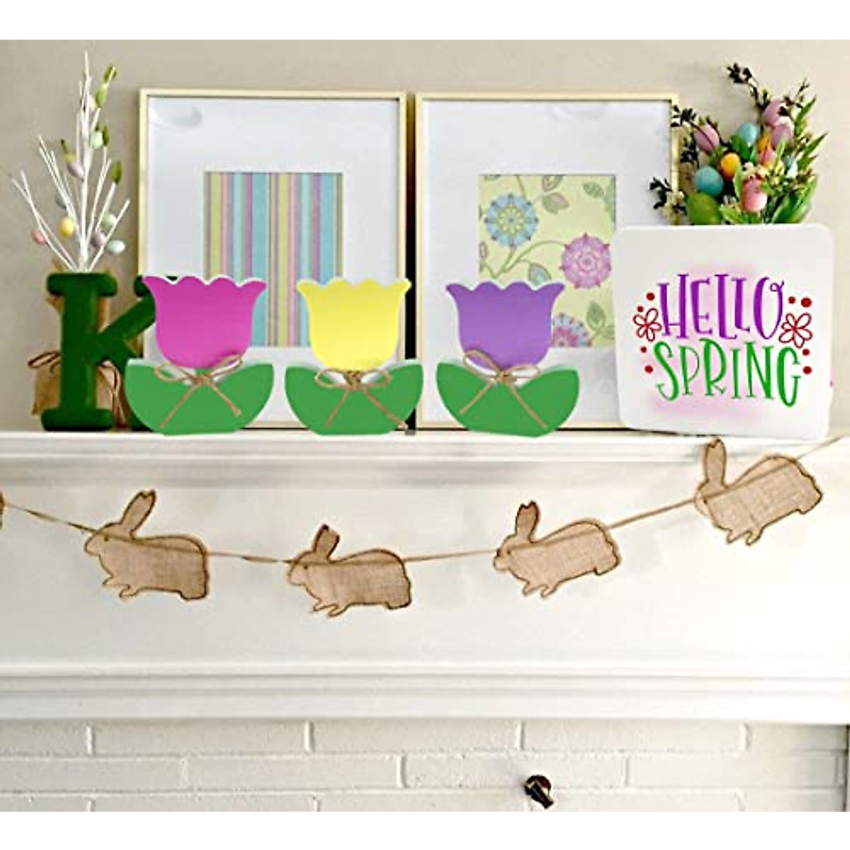 Ahzemepinyo 5 Pieces Easter Bunny Table Wooden Sign Wooden Tulips Tiered Tray Decor Hello Spring Wood Tabletop Decoration for Happy Easter Party Supplies