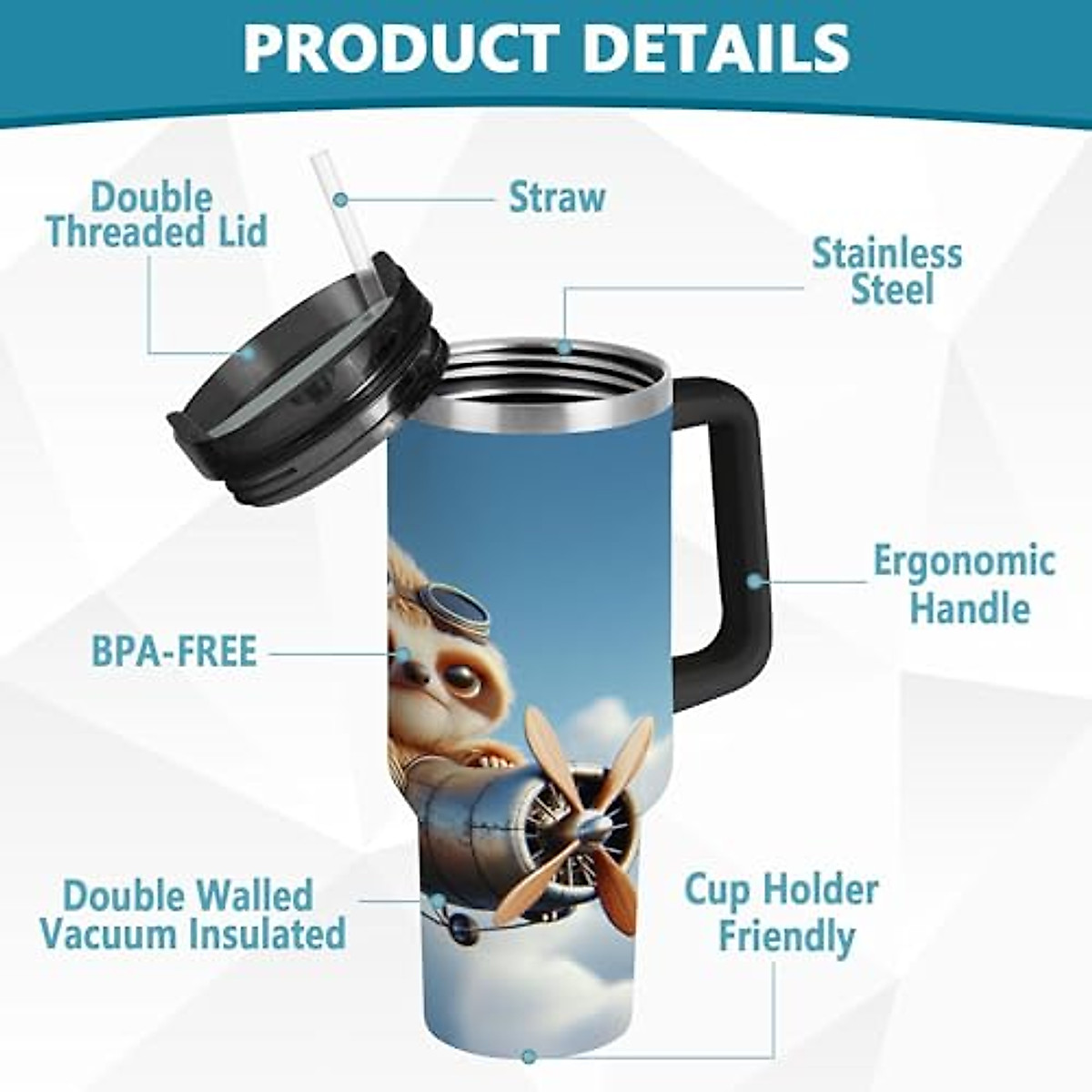 Exnundod 3d Sloth Driving Airplane Tumbler with Handle 40oz and Straw Insulated Tumblers Leak-proof Water Bottle for Car Travel