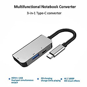 TWDYC USB Type C 3.1 to HDMI-Compatible USB 3.0 Dock Hub 3 in 1 USB C Adapter 4K Video PD Charge Converter
