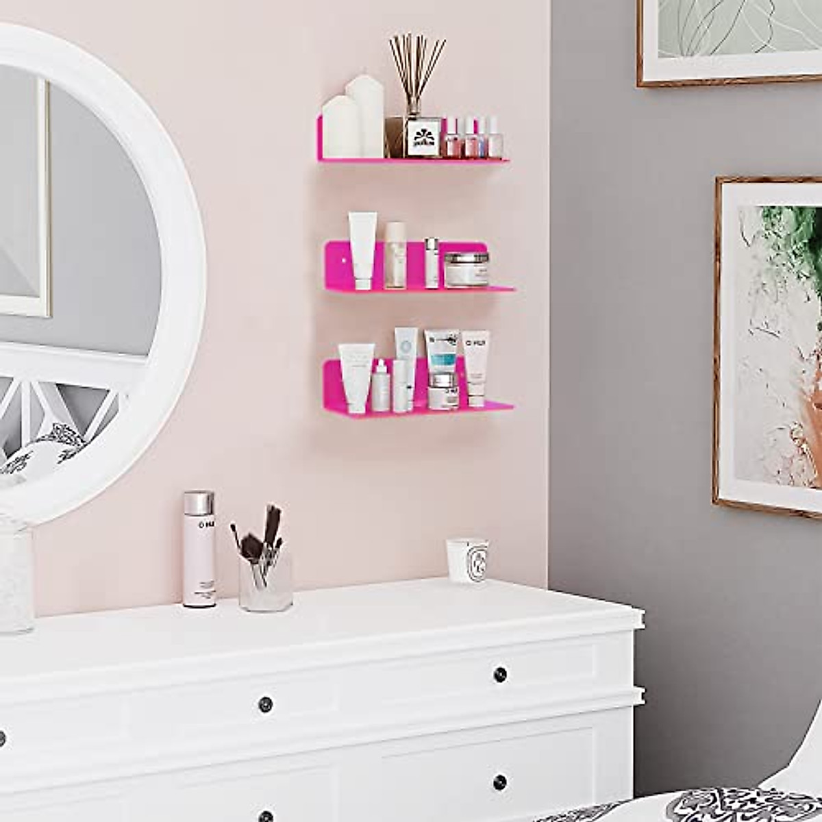 luium Acrylic Floating Shelves 9 inch 4 Pack Adhesive Wall Shelf for Funko Pop Figure, Plant, Speaker, Small Display Wall Shelves for Bathroom, Bedroom, Gaming Room, Living Room, with Cable Clips