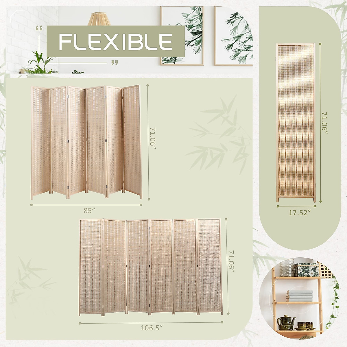 JAXSUNNY 6 Panel Bamboo Room Dividers, Folding Room Divider Privacy Screens, Room Separating Wall Dividers, Natural Room Partition, Freestanding, 5.9 Ft. Tall