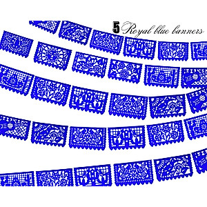 5 pk Fiesta Party Supplies, Royal Blue Mexican Banner Flags, 50 Panels of Papel Picado, 60ft Tissue Paper Garland Perfect for birthdays, weddings, quinceaneras, taco bar ws2030