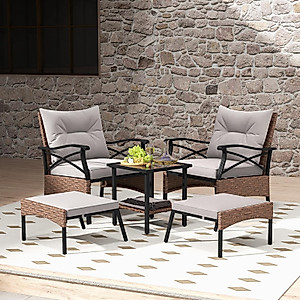 Tangkula 5 Pieces Wicker Patio Furniture Set, Outdoor Rattan Chairs with Ottomans, Cushions and 2-Tier Tempered Glass Side Table, Patio Conversation Bistro Set for Garden, Porch, Balcony