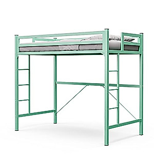 IKIFLY Junior Metal Twin Size Loft Bed Frame with 2 Ladders, Safety Guard Rail, Noise Free, Space-Saving Design - for Adults/Teens - Mint Green