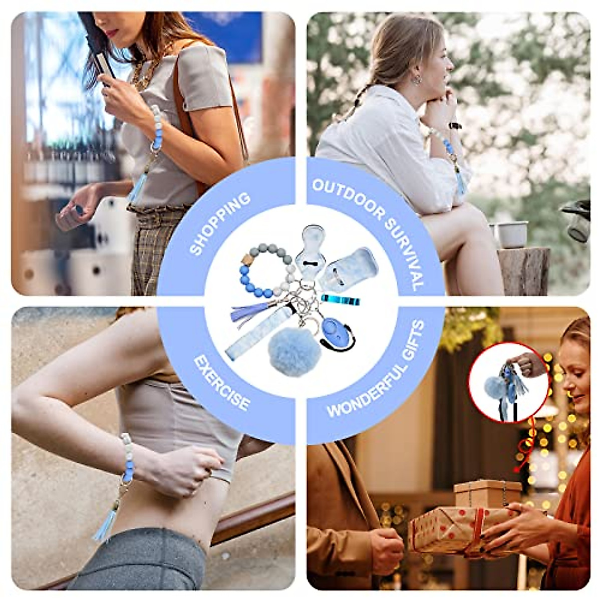 METURE Safety Keychain for Women Keychain Bracelet for Women with Personal Alarm Protection Accessories 9pcs Silicone Beaded Elastic Girl Keychain Set Girl Key Chains for Car Keys Blue