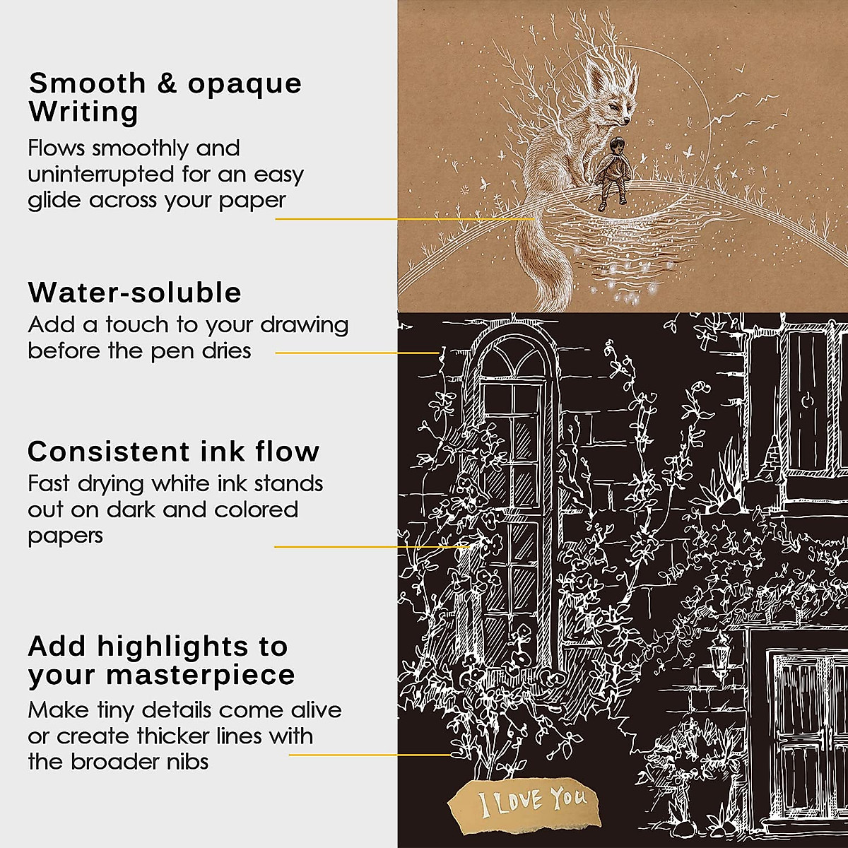 PANDAFLY White Gel Pens Set, 6 Pack, 0.8mm Fine Point Pens Gel Ink Pens For Artists, Archival Ink Pens, White highlight Pens for Black Paper Drawing, Illustration, Sketching, Writing