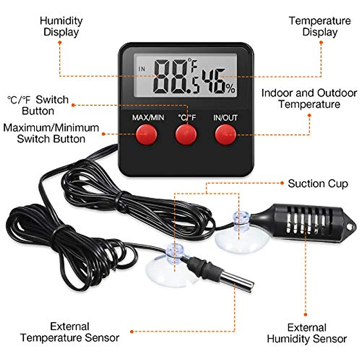 Weewooday 2 Pieces Reptile Thermometer and Humidity Gauge Reptile Terrarium Thermometer Hygrometer with Probes Indoor Outdoor Digital Pet Temperature and Hygrometer Gauge for Reptiles Pet Keeping
