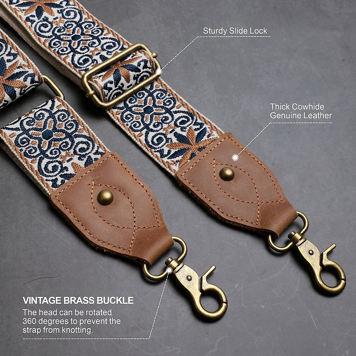 Nefelibata Purse Strap, 2"Cowhide Head Wide Shoulder Strap Adjustable Replacement,Retro Jacquard Embroidery Multi-pattern Crossbody Bag Straps for Handbag,Crossbody Bags(Blue flower embroidery)