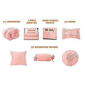 Luxurious, Softest, Coziest 10-PIECE Bed-in-a-Bag Sunflower Comforter Set, Silky Soft Complete Comforter Set Includes Bed Sheet Set with Double Sided Storage Pockets Featured, Full/Queen, Dusty Rose