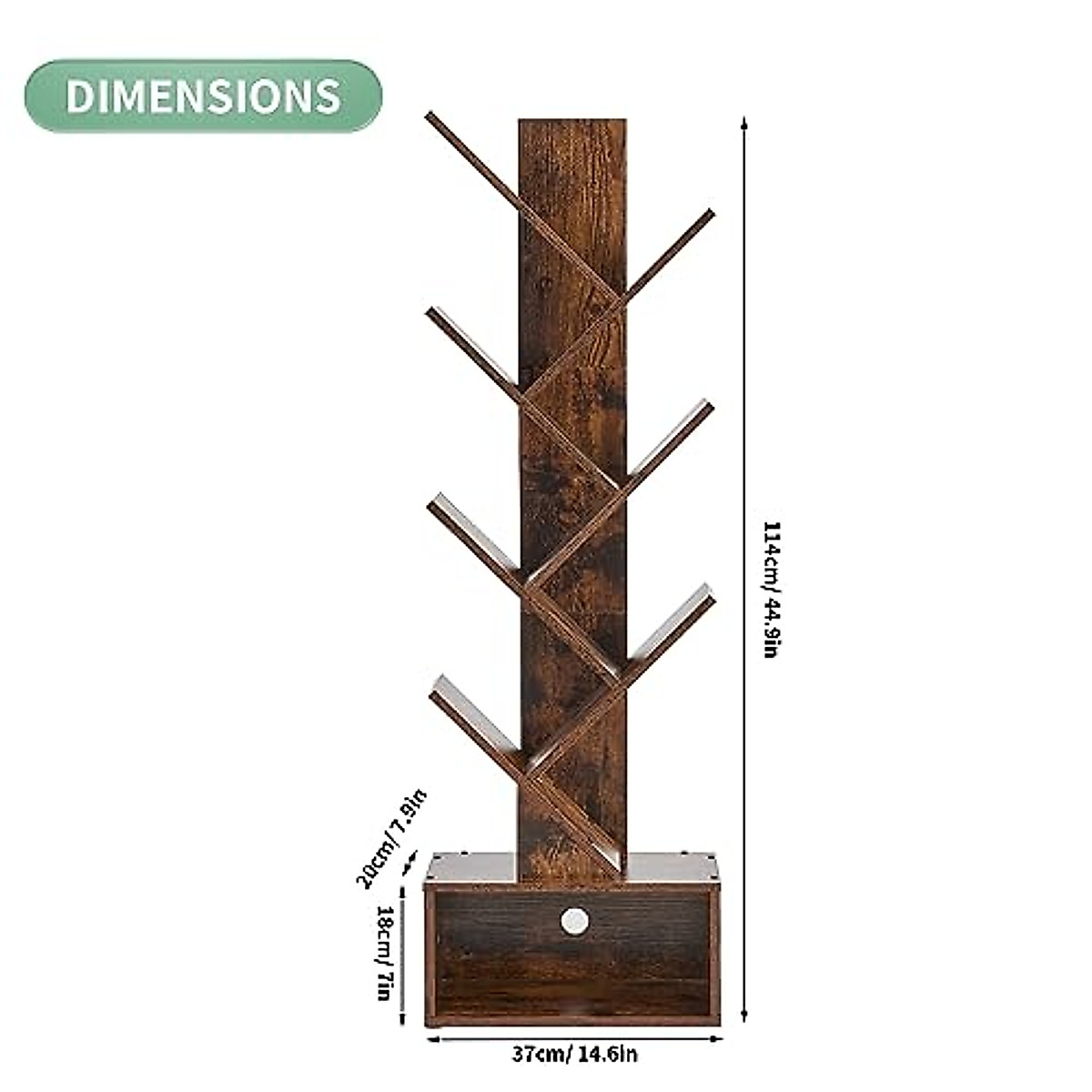 BRIAN & DANY Tree Bookshelf, 6-Tier Book Shelf, Wooden Bookshelves Storage Organizer Shelves for Living Room, Bedroom, Office, Rustic Brown