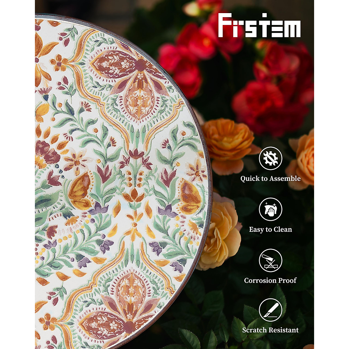 Frstem Mosaic Patio Table and Plant Stand, Outdoor Side Table for Patio with 14" Ceramic Tile Top, Weather Resistant Metal Round End Table Accent Table for Yard Porch Balcony Garden Bedside, Blossom