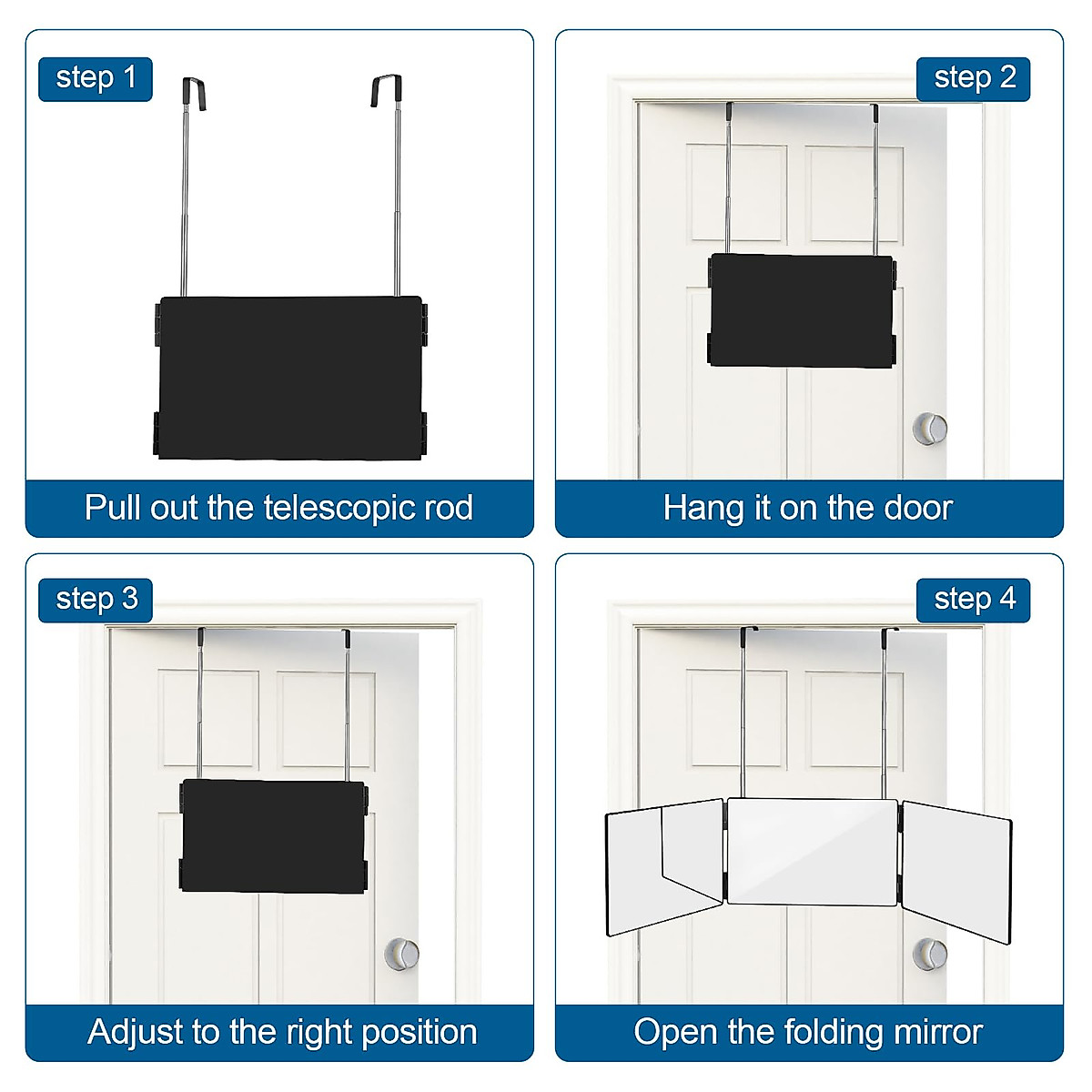 3 Way Trifold Haircut Mirror, 360 Degree Mirror for Hair Cutting, Shaving, Grooming, Hair Styling, Dye Hair and Makeup with Adjustable Height Brackets, Portable for Travel, Bedrooms, Bathroom (Black)