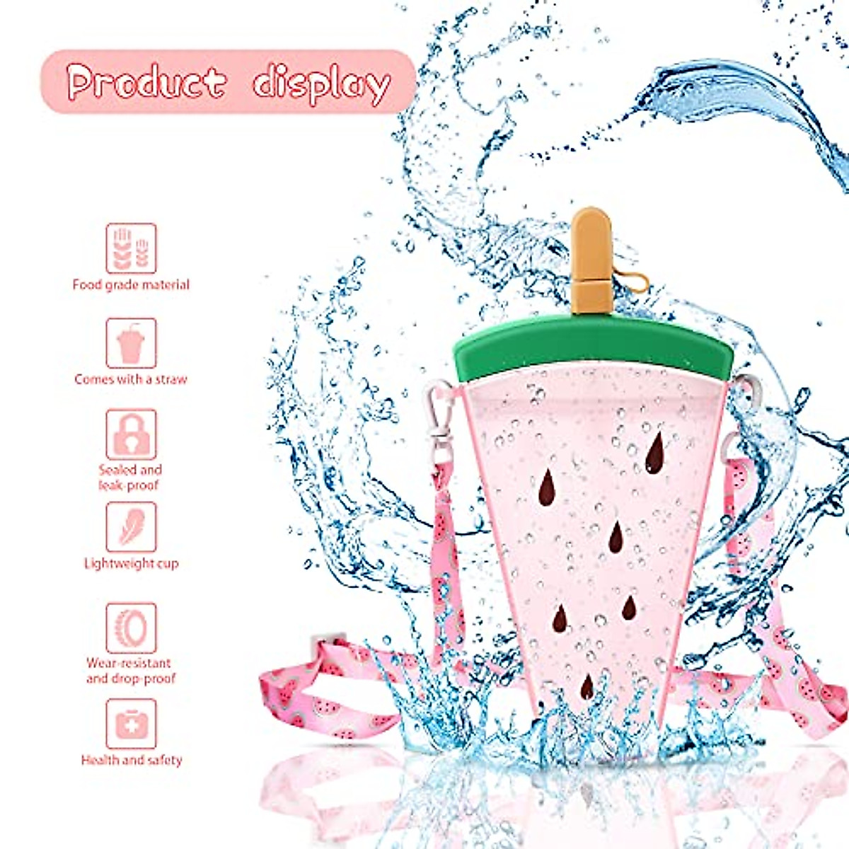 Plastic Water Bottle Watermelon Pitaya Shape Water Bottle with Straw Reusable Portable Drinking Bottle Leak Proof Water Bottle with Adjustable Shoulder Strap for Outdoor Activities (Watermelon)