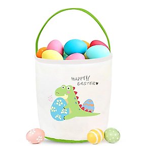 Cerlaza Easter Gift Basket Empty for Kids Canvas Tote, Easter Dinosaur Holding Eggs Hunt Basket with Handle for Toys Carrying, Cute Design Cotton Basket for Easter Party Supplies