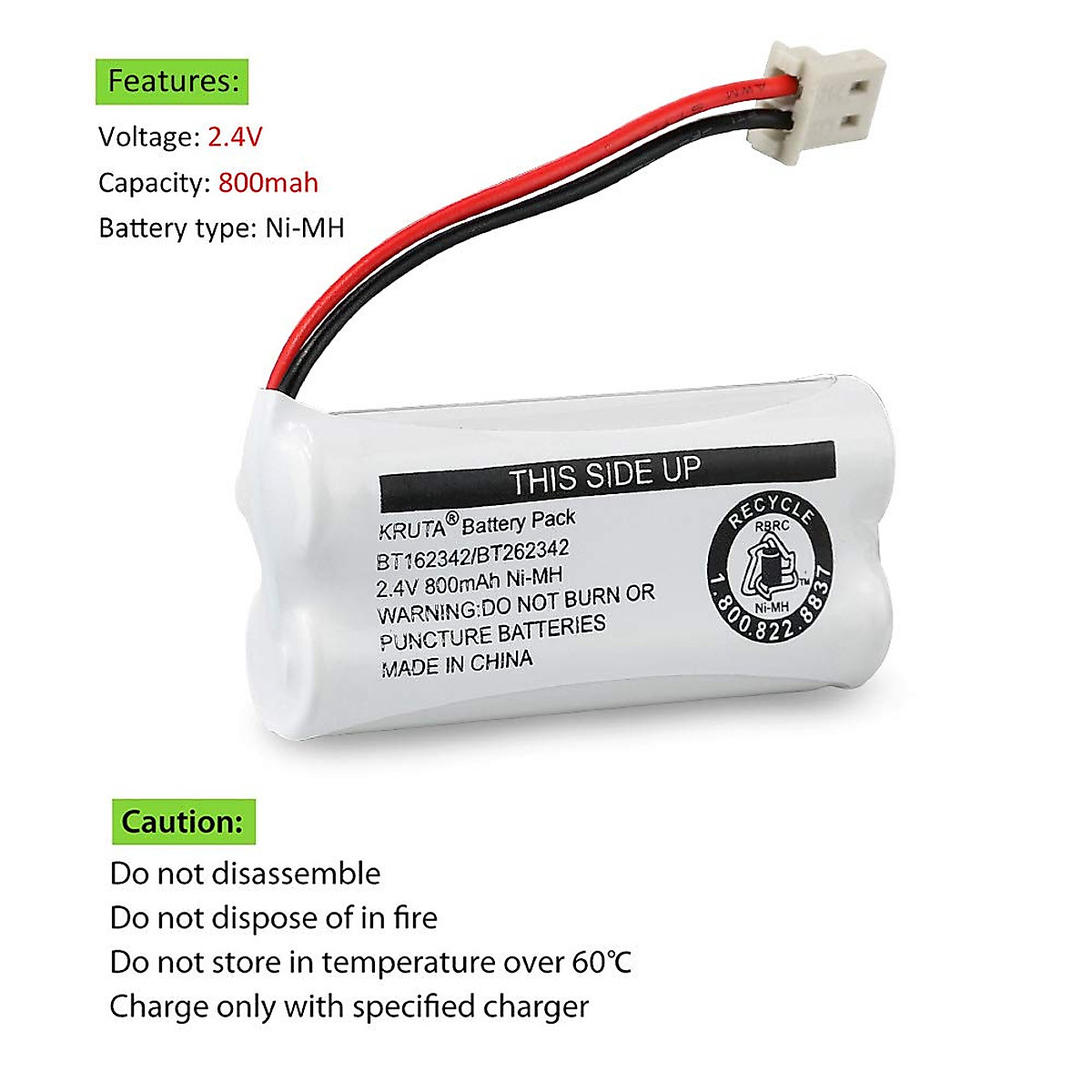 Kruta BT162342/BT262342 2.4V 800mAh Ni-MH Cordless Phone Battery Pack, Also Compatible with BT183342/BT283342 AT&T EL52351 TL90070 VTech CS5119 DS6511 DS6722 LS6305 Handset, 2-Pack