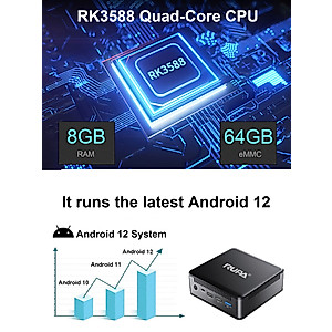 Mini Computer 8GB RAM 64GB ROM 8K Android TV Box RK3588 Chipset Support WiFi6 1000M Ethernet 6Tops NPU VESA for Office/Study/Home/Business Mini Desktop Computer Black