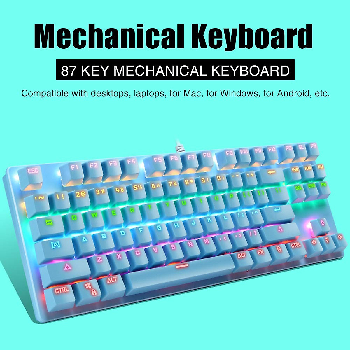 ZHANGLI 87 Keys Mechanical Keyboard, Colorful Backlit SUB Wired Gaming Keyboard for PC Typing, Typists, Gamers