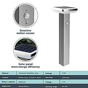 Lustrlach Solar Pathway LED Lights 24in,Motion Sensor Solar Landscape Lighting Outdoor Waterproof,Modern Bollard Lights Garden Lamp Stainless Steel 3000K for Walkway,Driveway,Step, Patio
