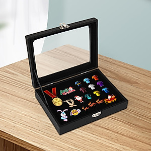 Dustproof Pin Display Case PU Leather 8''x6'' Pin Display Board Shadow Box Frame with Hooks and Wood Frame For Enamel Pin, Military Medals, Jewelry Pins, Pin Badge Collection, Rings, Necklaces (Black)