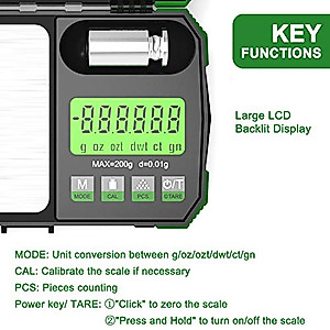 Gram Scale Pocket Size, 200/0.01g Small Scale w/Tray, Herb Coin Scale LCD Backlight Arrow Scale with USB Power Supply Port Read in 6 Units 50g Calibration Weight Included