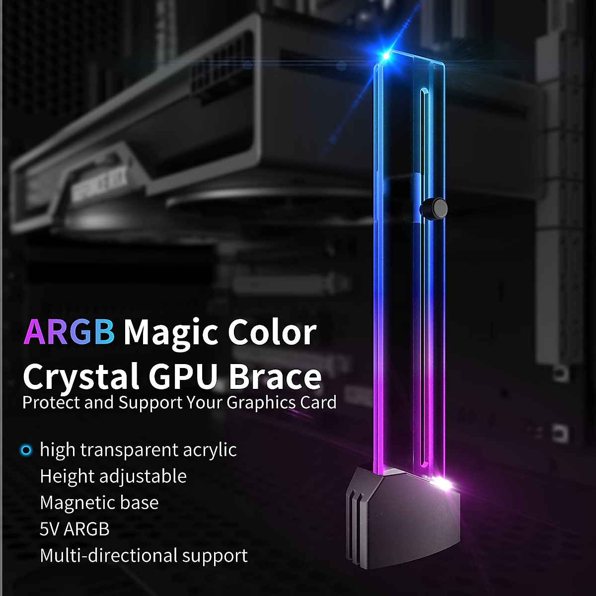 novonest GPU Support Bracket,5V 3PIN ARGB Graphics Card GPU Brace Support Video Card Sag Holder/Holster Bracket,Vertical GPU Mount,Transparent Acrylic,Side Neon Light,GH03ARGB(N)