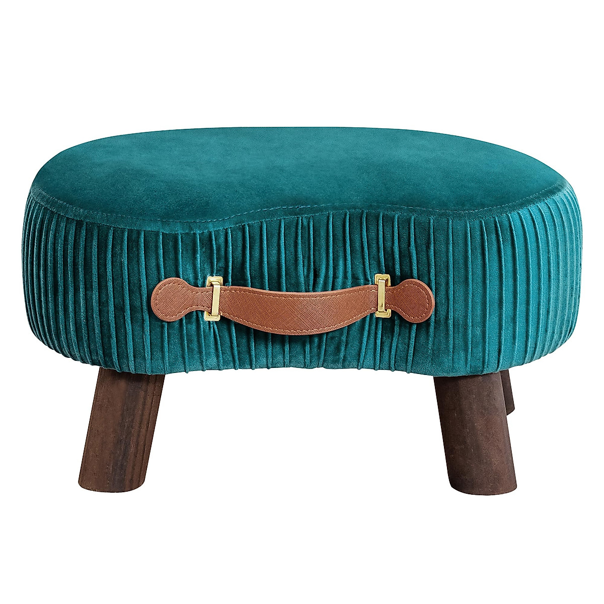 LUE BONA Small Curved Foot Stool with Handle, Velvet Footstool and Ottomans, Modern Foot Rest with Wooden Legs, Step Stool with Padded Seat for Couch, Living Room, Teal