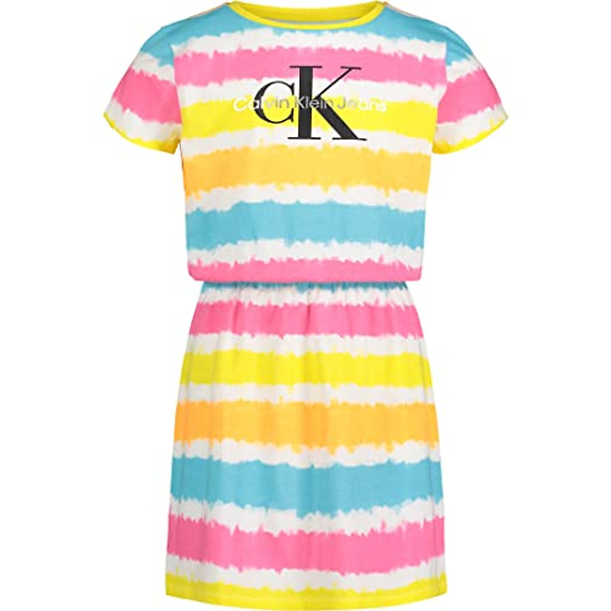 Calvin Klein Girls' Short Sleeve Jersey Dress With Elastic Cinched Waist, White Tie Dye, 12-14