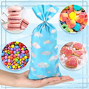 Outus 100 Pieces Blue Sky White Clouds Birthday Party Supplies Blue Sky White Clouds Cellophane Bags Cartoon Story Gift Bags with 200 Silver Twist Ties for Baby Kids Shower Birthday Party Decorations
