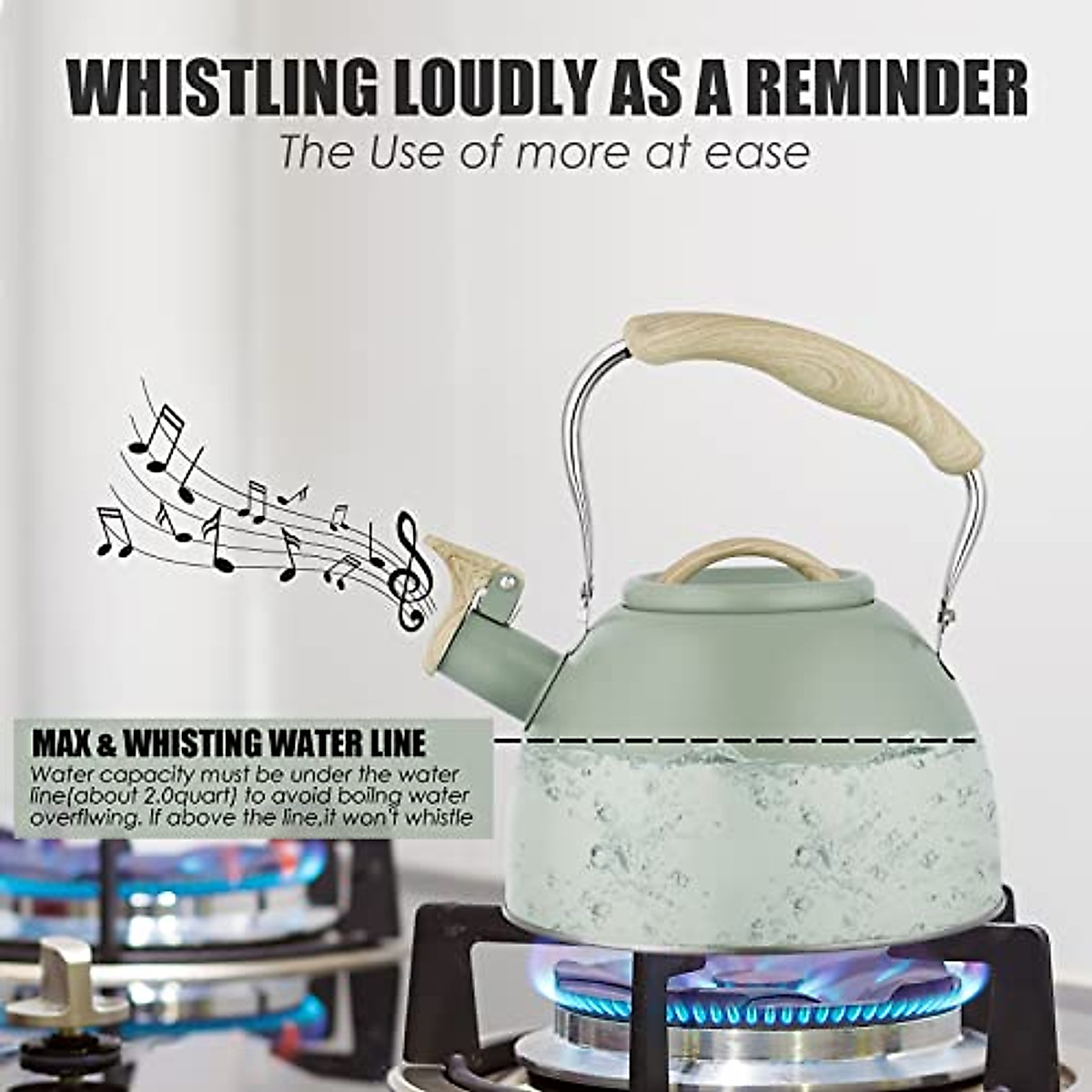 Tea Kettle, 2.7 Quart / 3 L Tea Kettle for Stovetop, Food Grade Stainless Steel Teapot, Whistling Tea Kettle with Wood Pattern Handle, Whistling Teapot Suitable for All Heat Sources