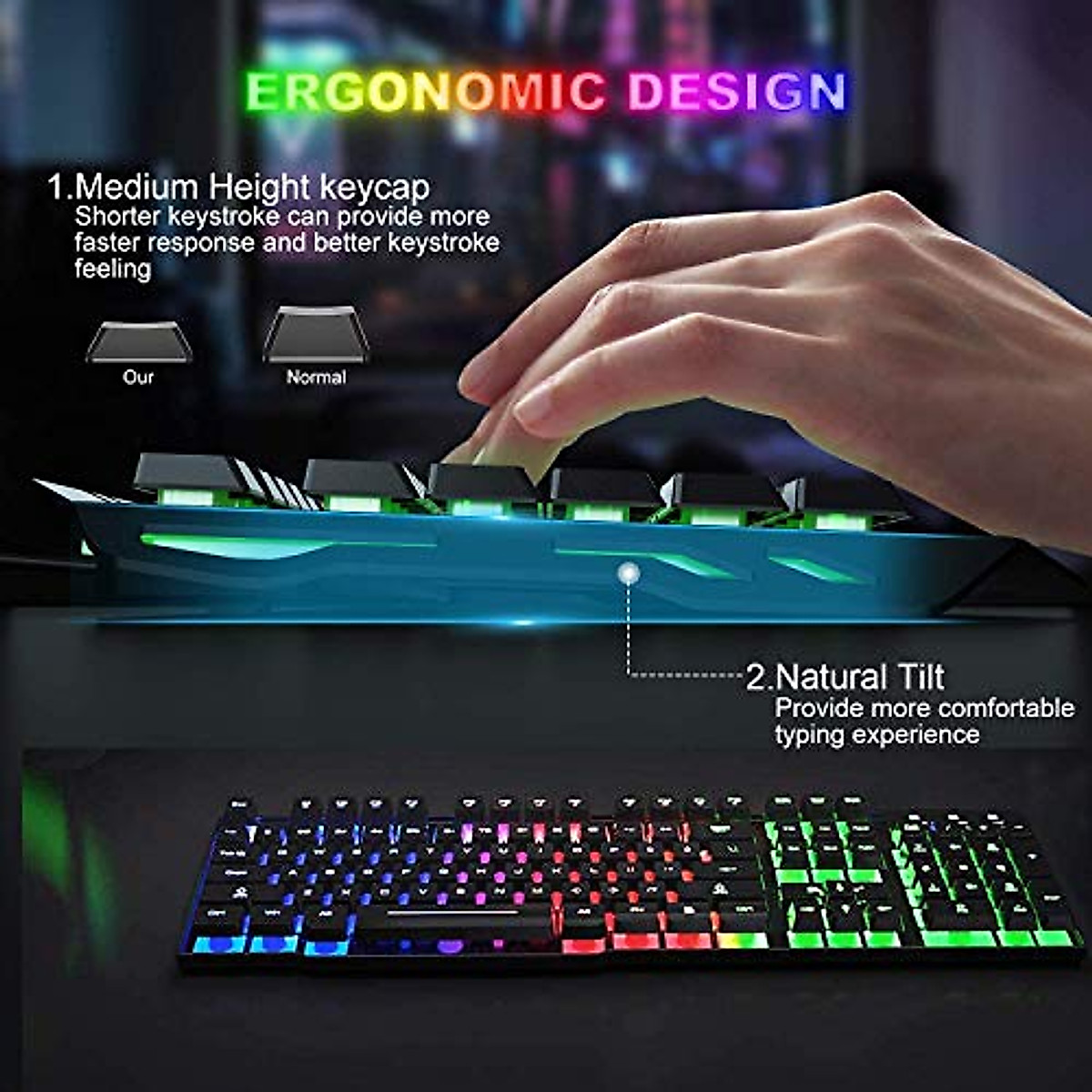 Wireless Gaming Keyboard and Mouse Combo with Rainbow LED Backlit Rechargeable 3800mAh Battery Mechanical Feel,7 Color Gaming Mouse,Mouse Pad for Windows PC Gamers(Black)